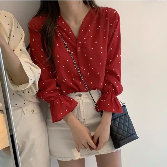 Tops | Heart Blouse Red Bell Sleeve Button Chic Womens | Poshmark